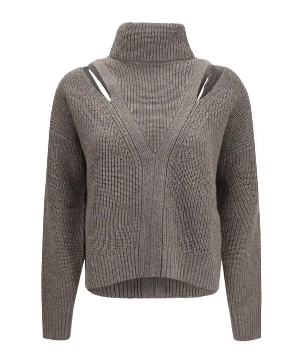 P.a.r.o.s.h Cutout Shoulder High Neck Knitted Sweater - Light Brown