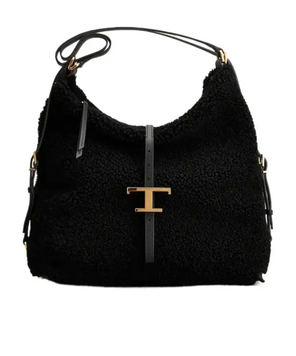 TOD'S T Plaque Shearling Tote Bag - Black