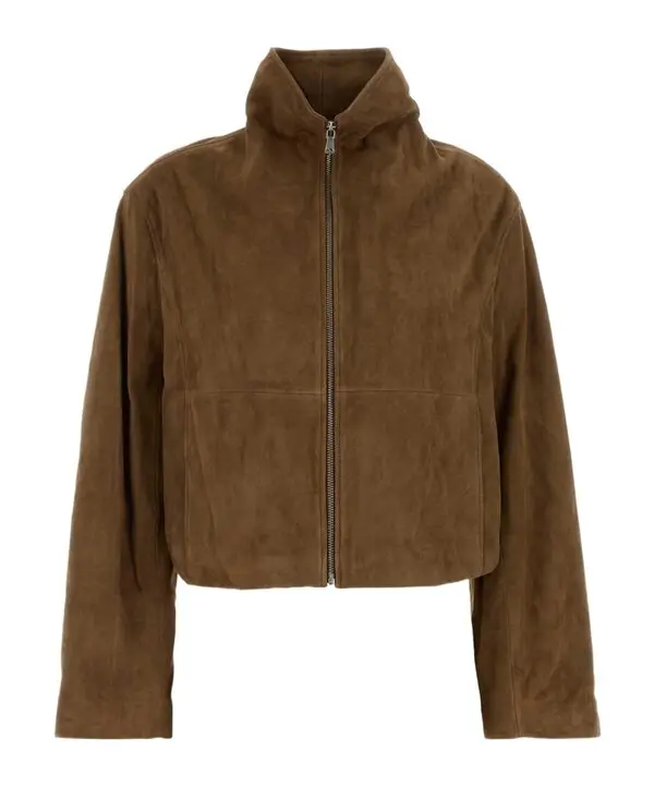 Nour Hammour Long Sleeve Suede Stand Collar Zip Up Jacket - Brown