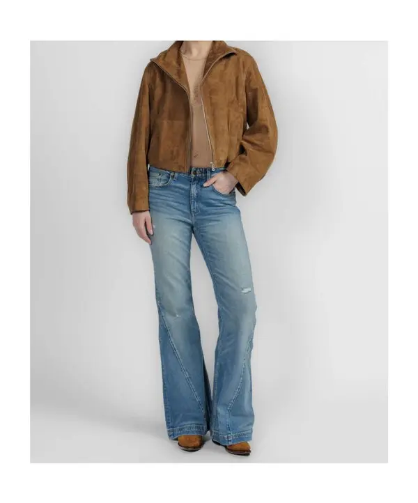 Nour Hammour Long Sleeve Suede Stand Collar Zip Up Jacket