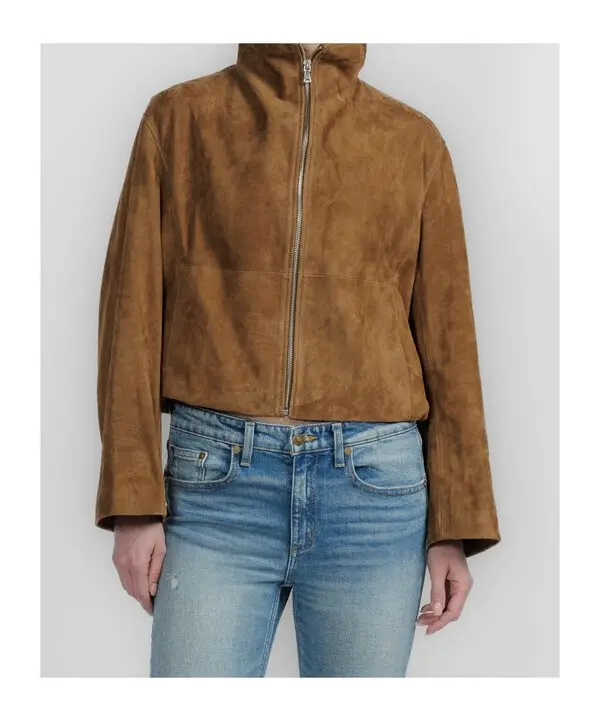 Nour Hammour Long Sleeve Suede Stand Collar Zip Up Jacket