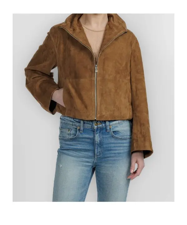 Nour Hammour Long Sleeve Suede Stand Collar Zip Up Jacket