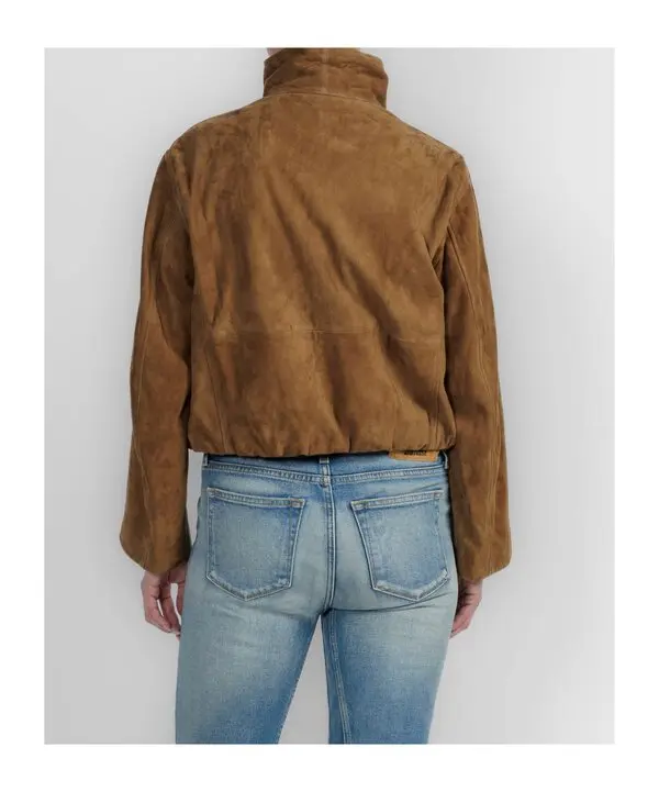 Nour Hammour Long Sleeve Suede Stand Collar Zip Up Jacket