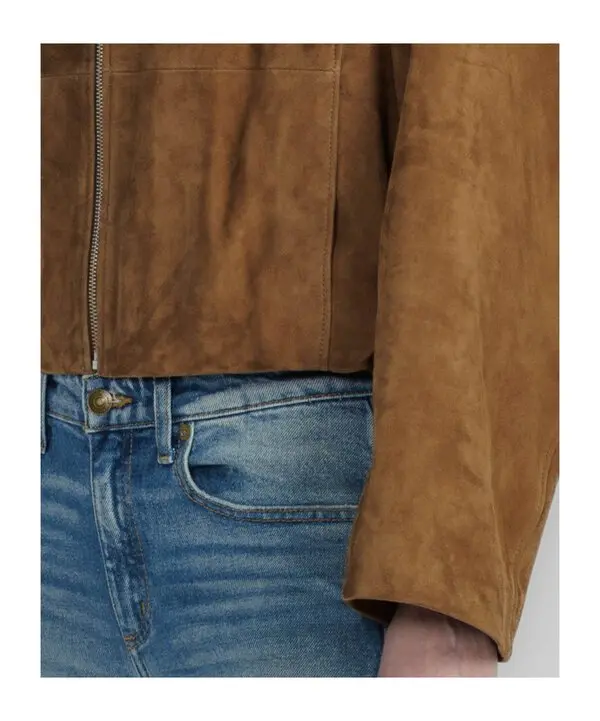 Nour Hammour Long Sleeve Suede Stand Collar Zip Up Jacket