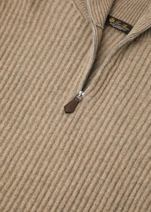Loro Piana Ribbed Knit Pullover With Zip Neck - Beige