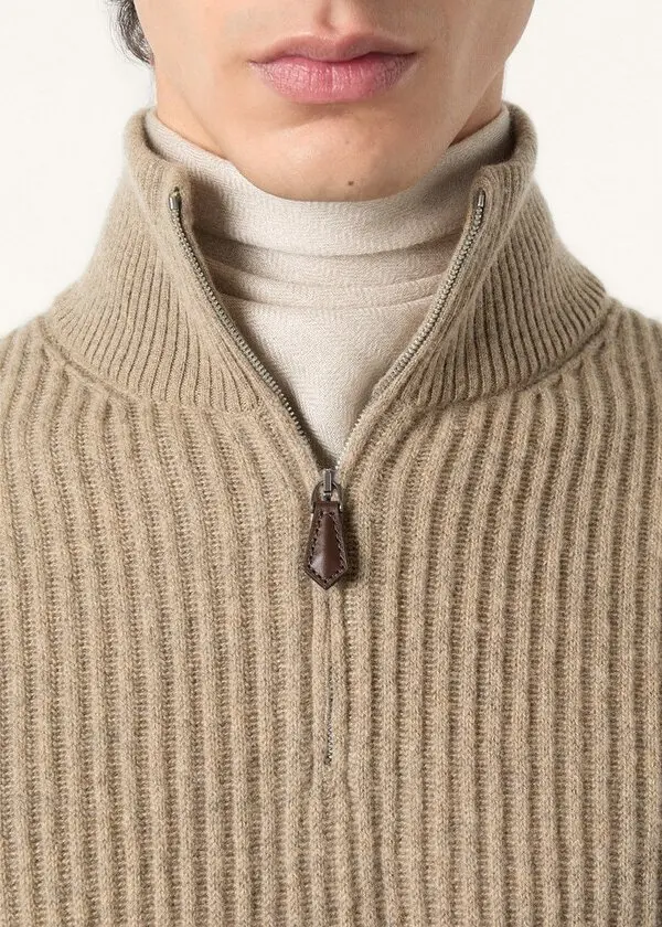 Loro Piana Ribbed Knit Pullover With Zip Neck - Beige