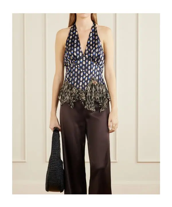 Staud Sleeveless Halter Neck Printed Silk Top With Ruffle Hem - Black