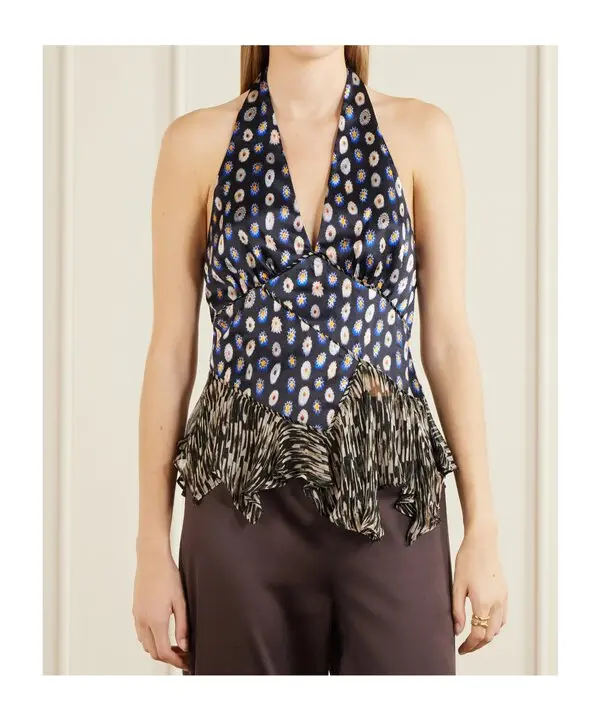 Staud Sleeveless Halter Neck Printed Silk Top With Ruffle Hem - Black