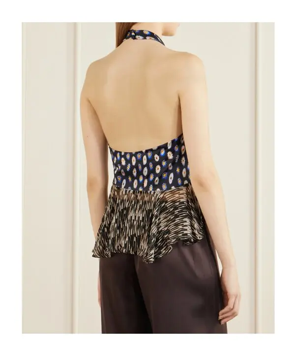 Staud Sleeveless Halter Neck Printed Silk Top With Ruffle Hem - Black