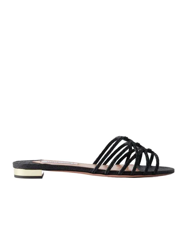 AQUAZZURA Luna Raffia-trimmed Cord Slides - Black