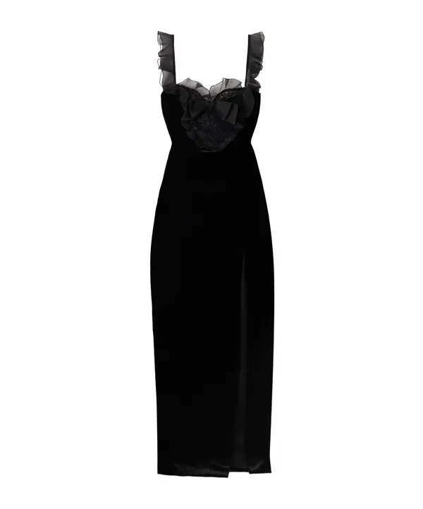 Alessandra Rich Bow-embellished Lace And Silk-trimmed Velvet Gown - Black