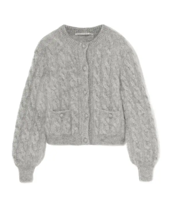Alessandra Rich Cropped Sequin-embellished Cable-knit Cardigan - Grey