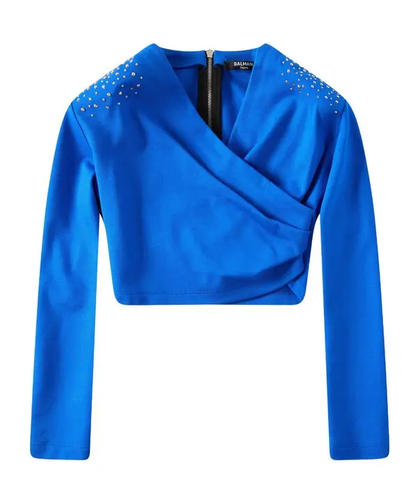 Balmain Embellished Cropped Long Sleeve Top - Blue