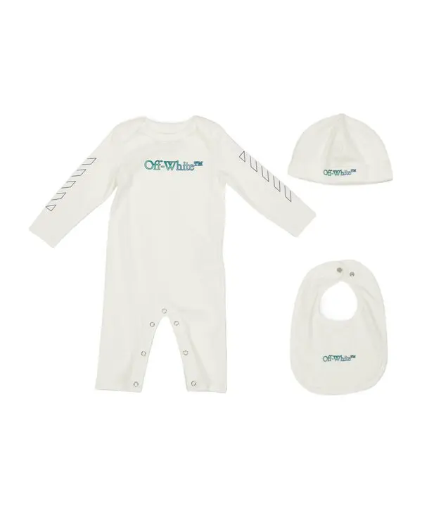 Off-White Logo Romper, Hat, And Bib Set - White