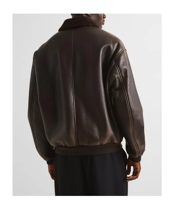 Prada Genuine Leather Bomber Jacket With Shearling Collar