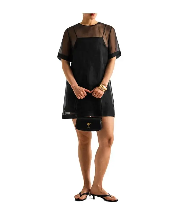 AMI Paris Shortsleeve Mesh Overlay Dress