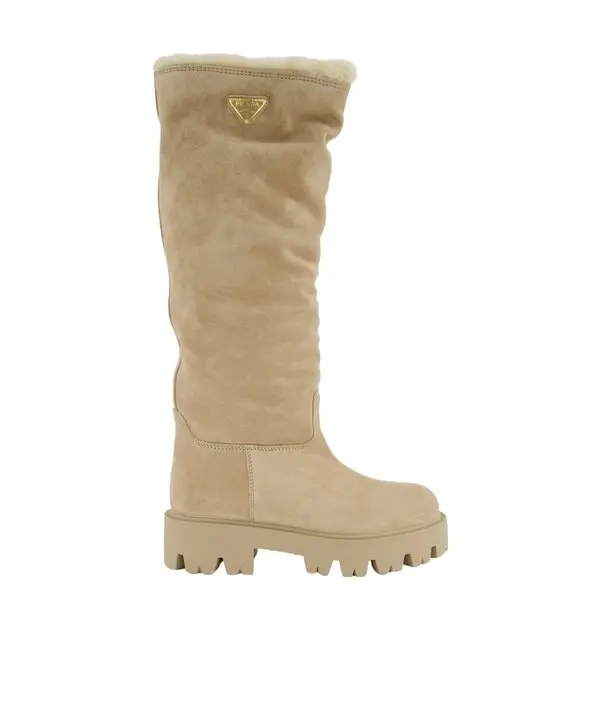 Prada Logo-embellished Tall Boots - Beige