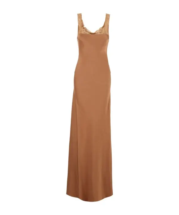 FORTE_FORTE Satin Maxi Dress With Lace Trim - Brown