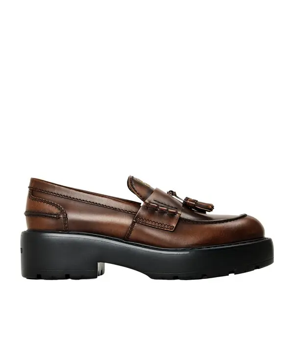 Miu Miu Leather Tassel Slip-on Loafers With Platform Block Heel - Black