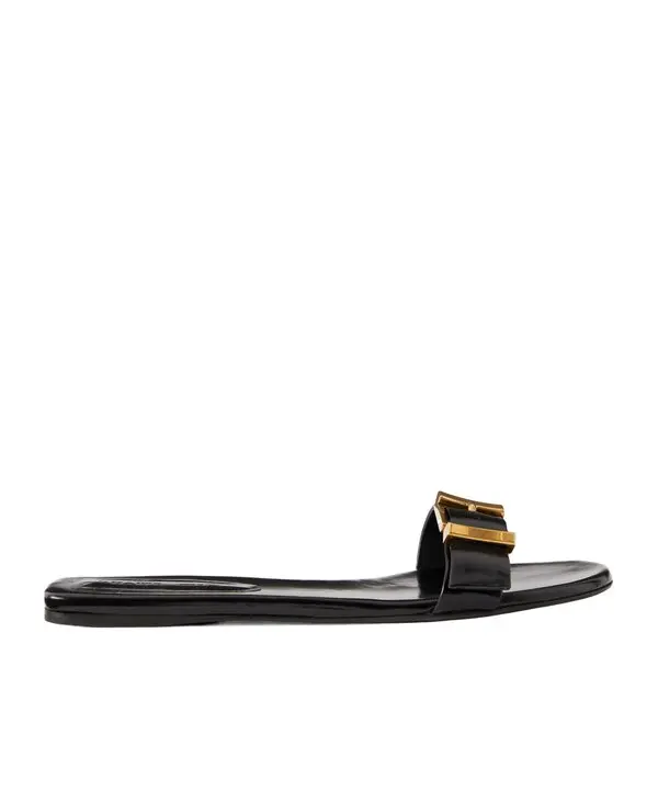 Khaite Patent Leather Slide Sandals With Gold Buckle