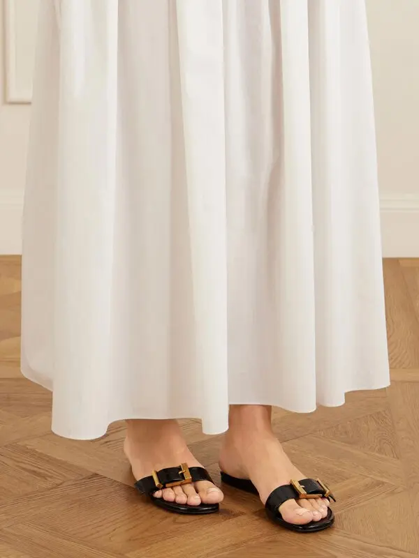 Khaite Patent Leather Slide Sandals With Gold Buckle