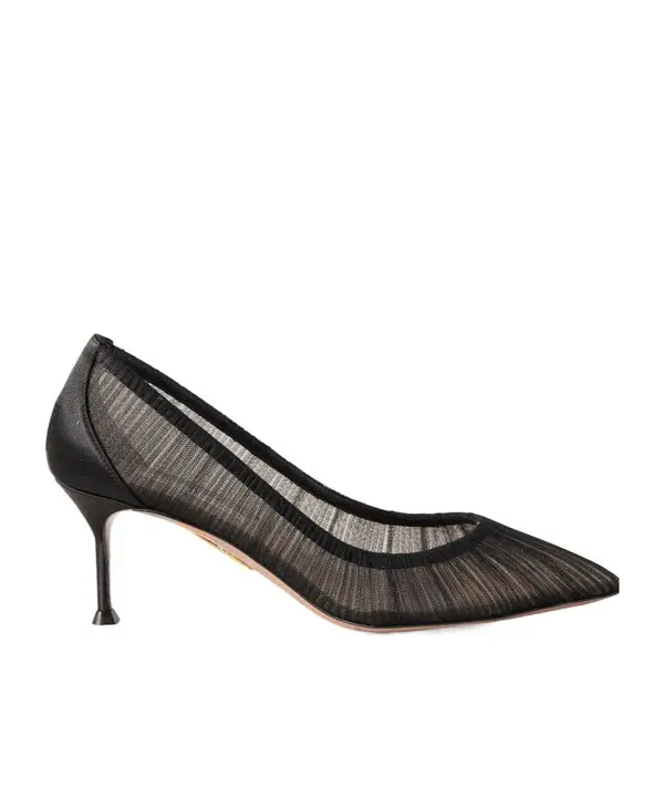 AQUAZZURA 65 Satin-trimmed Ruched Tulle Point-toe Pumps - Black