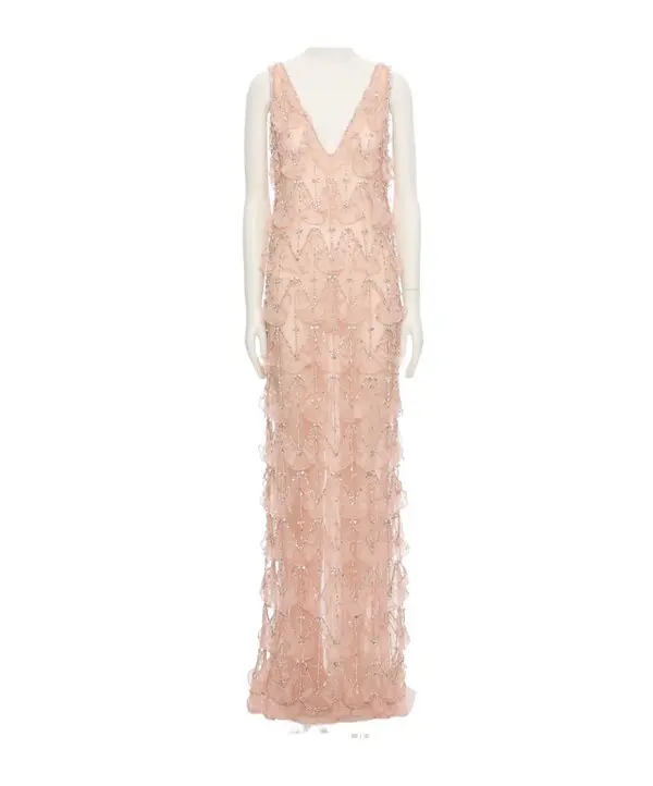 Valentino Garavani Sleeveless Embellished V-neck Gown - Nude