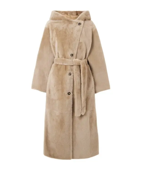 YVES SALOMON Hooded Belted Shearling Coat - Nude
