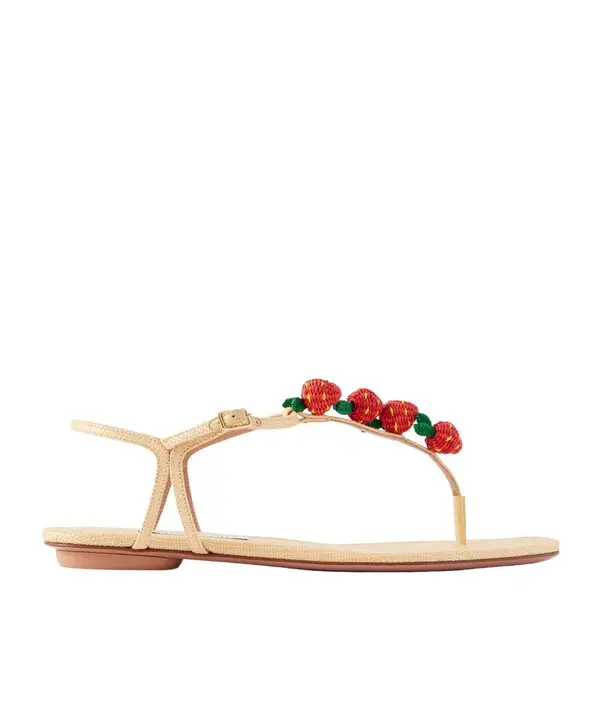 AQUAZZURA Embellished Raffia-effect Flat Sandals - Nude