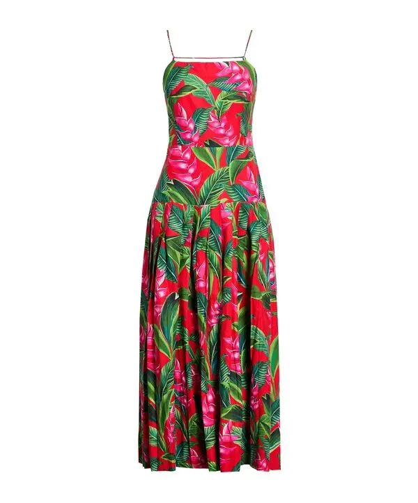Farm Rio Floral Print Maxi Slip Dress With Pleated Skirt - Green