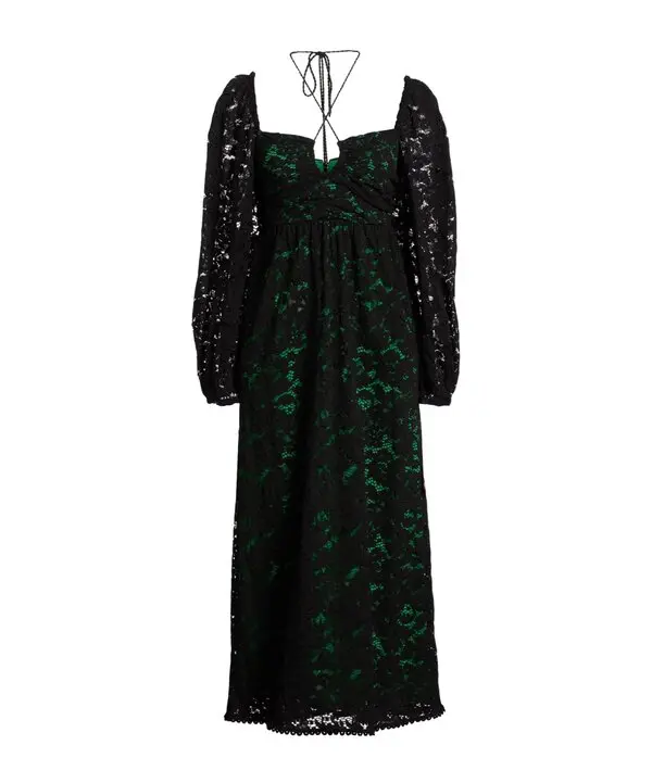 Farm Rio Lace Tie Neck Long Sleeve Dress - Black