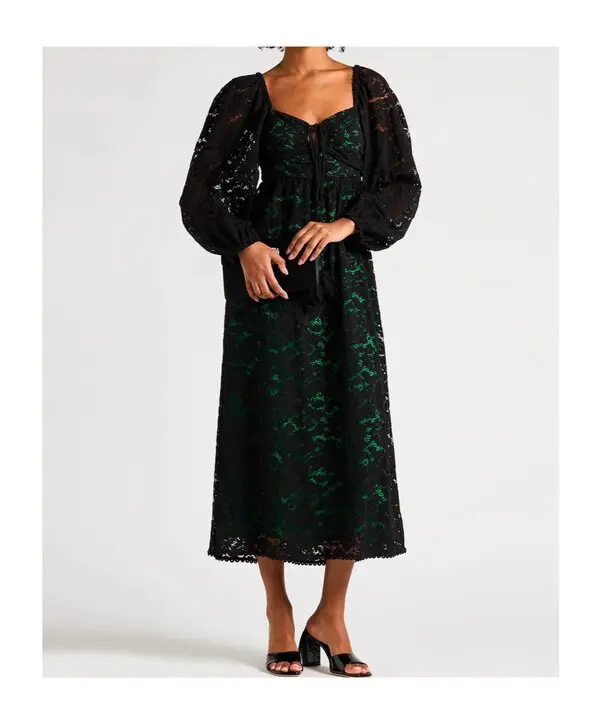 Farm Rio Lace Tie Neck Long Sleeve Dress