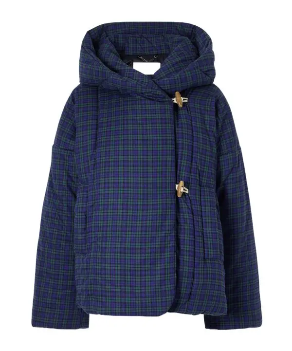 Dries Van Noten Purple Green Plaid Cropped Down Jacket - Blue