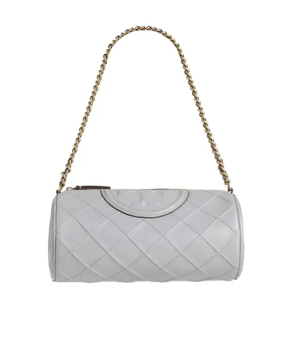 Tory Burch Quilted Leather Cylindrical Bag With Chain Detail - Gray