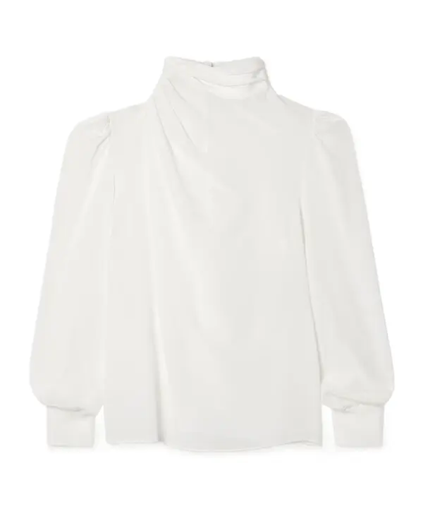 Alessandra Rich Draped High Neck Silk Crepe Shirt - White