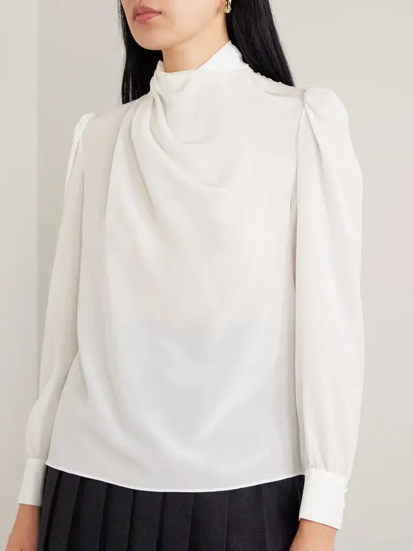 Alessandra Rich Draped High Neck Silk Crepe Shirt