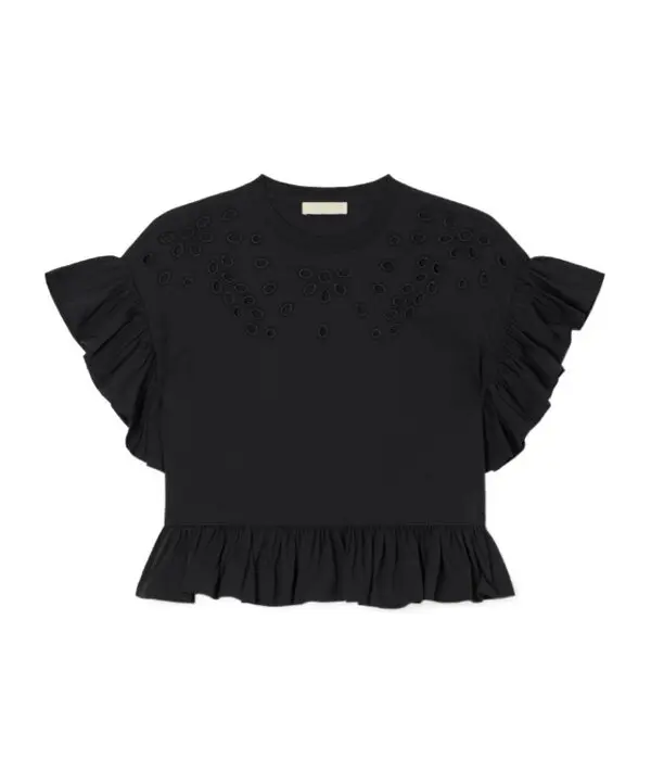 Ulla Johnson Ruffled Embroidered Round Neck Short Sleeve - Black