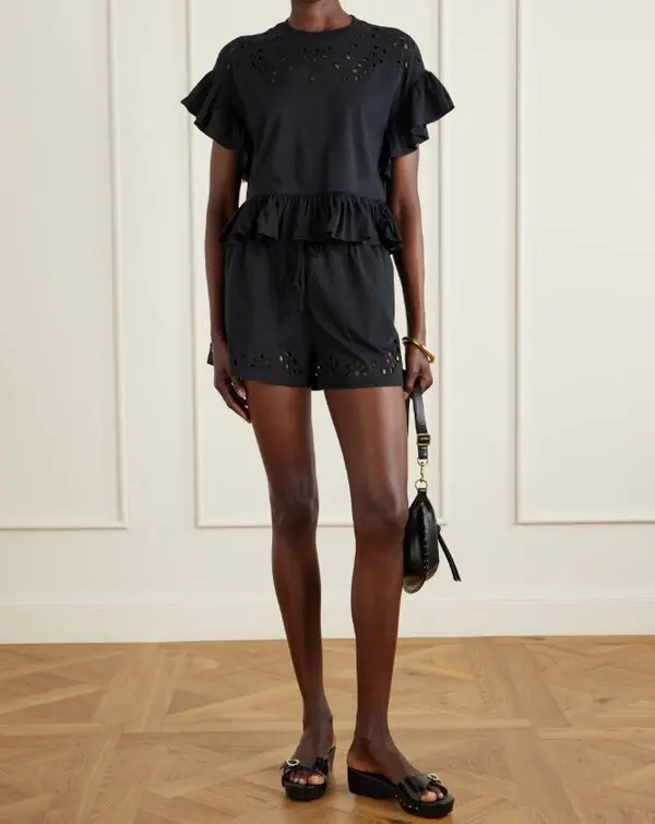 Ulla Johnson Ruffled Embroidered Round Neck Short Sleeve