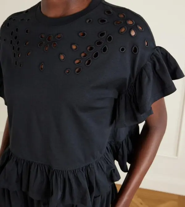 Ulla Johnson Ruffled Embroidered Round Neck Short Sleeve
