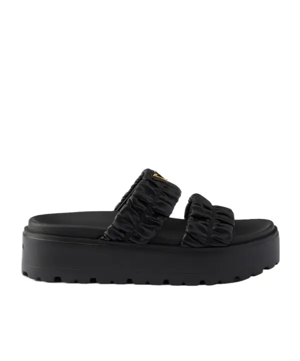 Prada Matelassé Nappa Leather Flatform Slides - Black