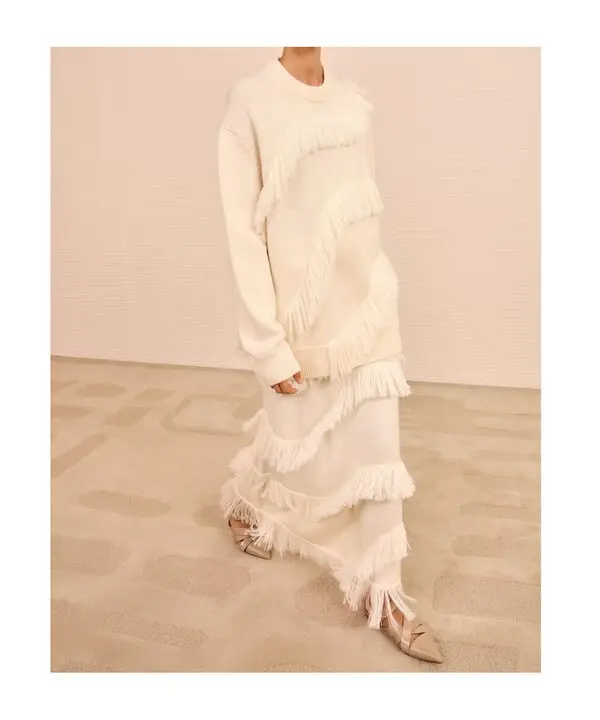 Ulla Johnson Long-sleeved Wool Knit Sweater With Layered Tassels