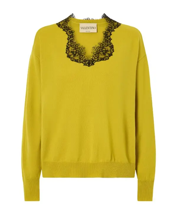 Valentino Garavani Lace-trimmed Cashmere V-neck Sweater - Yellow