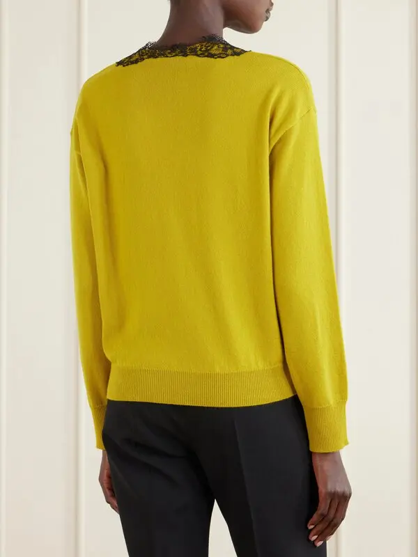 Valentino Garavani Lace-trimmed Cashmere V-neck Sweater