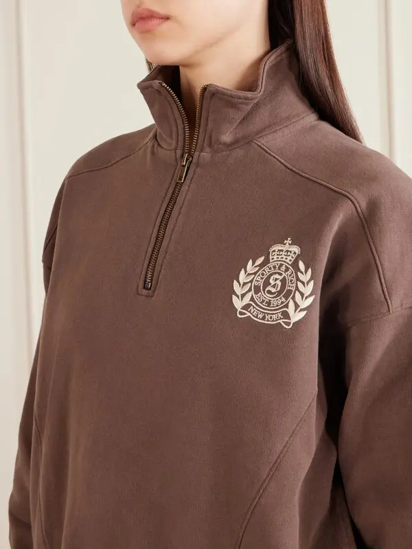 SPORTY  RICH Sporty & Rich Embroidered Cotton Half-zip Sweatshirt