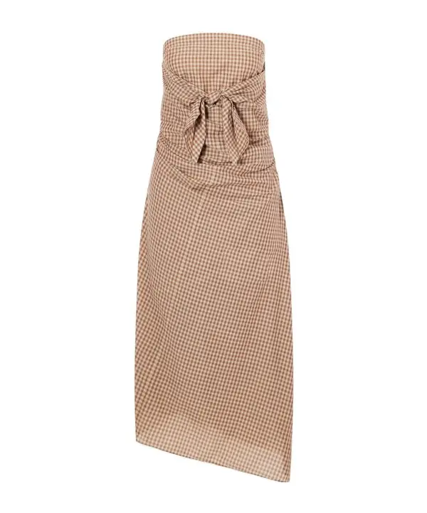 Auralee Brown And White Gingham Strapless Midi Dress With Draped Silhouette - Nude