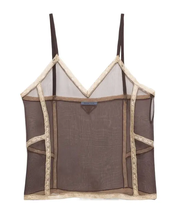 Prada Organza Intarsia Top With V-neck And Lace Trim - Brown