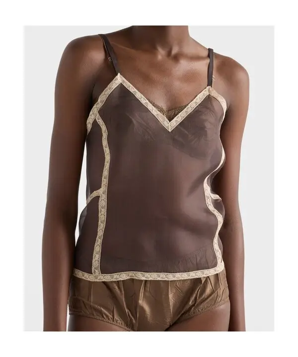 Prada Organza Intarsia Top With V-neck And Lace Trim - Brown