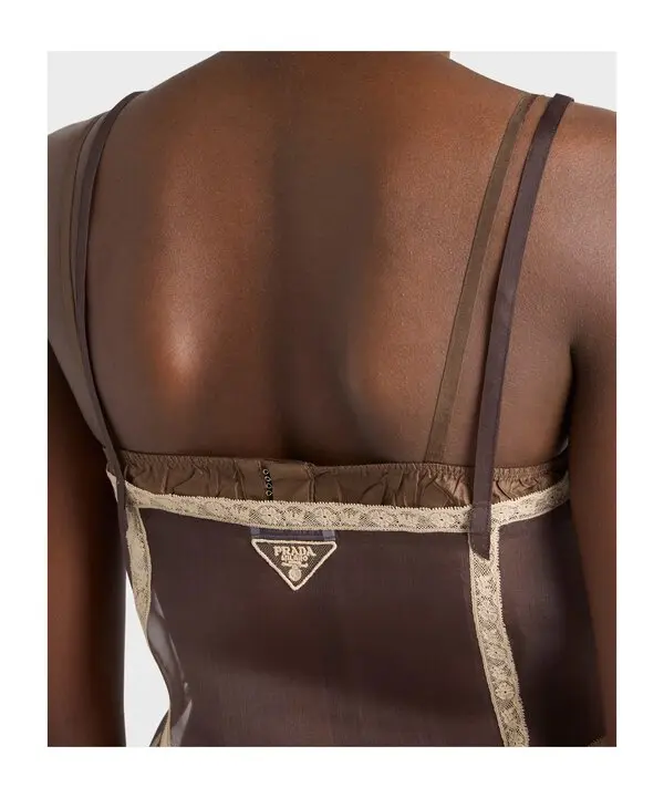 Prada Organza Intarsia Top With V-neck And Lace Trim - Brown