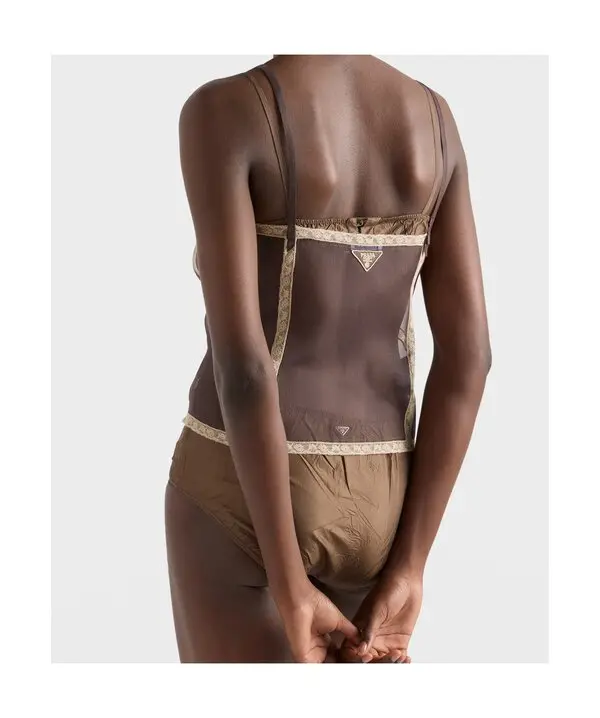 Prada Organza Intarsia Top With V-neck And Lace Trim