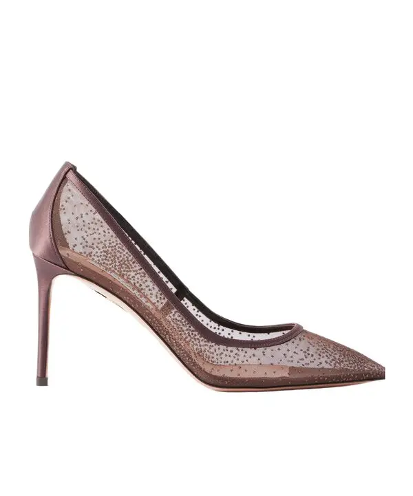 AQUAZZURA Satin-trimmed Embellished Mesh Pumps - Brown